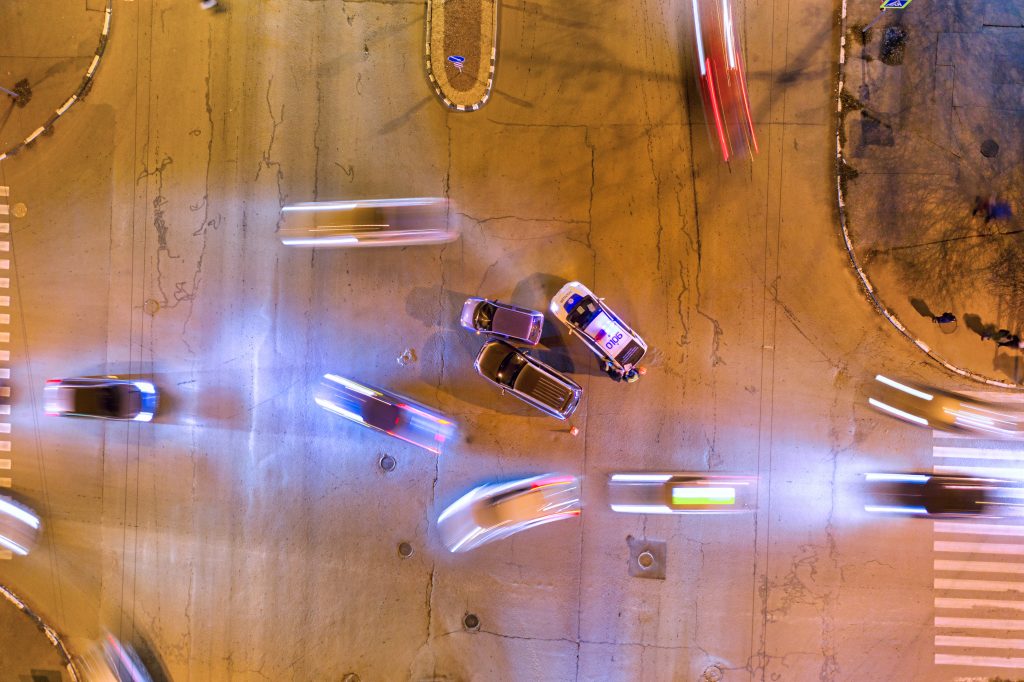 Overhead shot of night car accident on the highway in night traffic ...